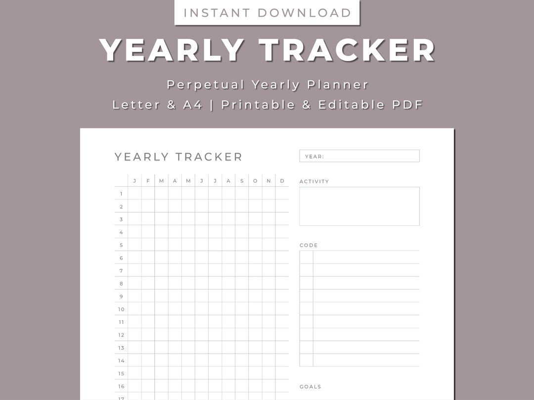 Yearly Tracker Printable Planner, Year in Pixels, Goals, Color Code ...
