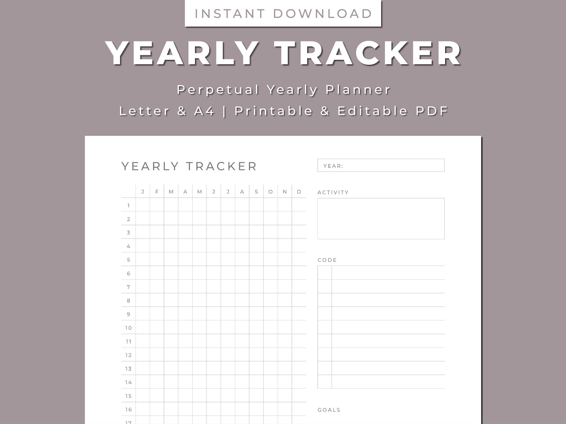 Yearly Tracker Printable Planner, Year in Pixels, Goals, Color Code ...