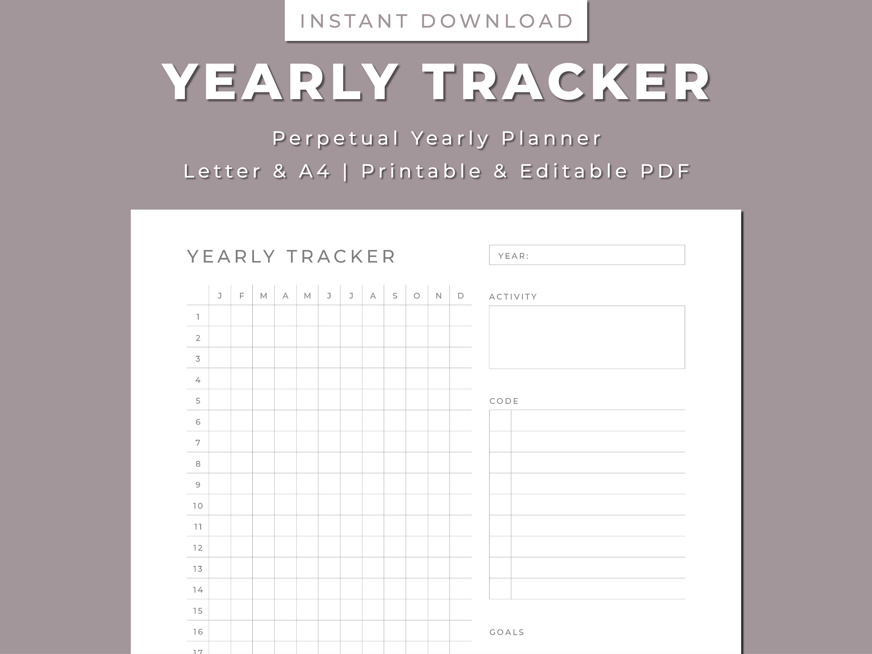 Yearly Tracker Printable Planner, Year in Pixels, Goals, Color Code ...