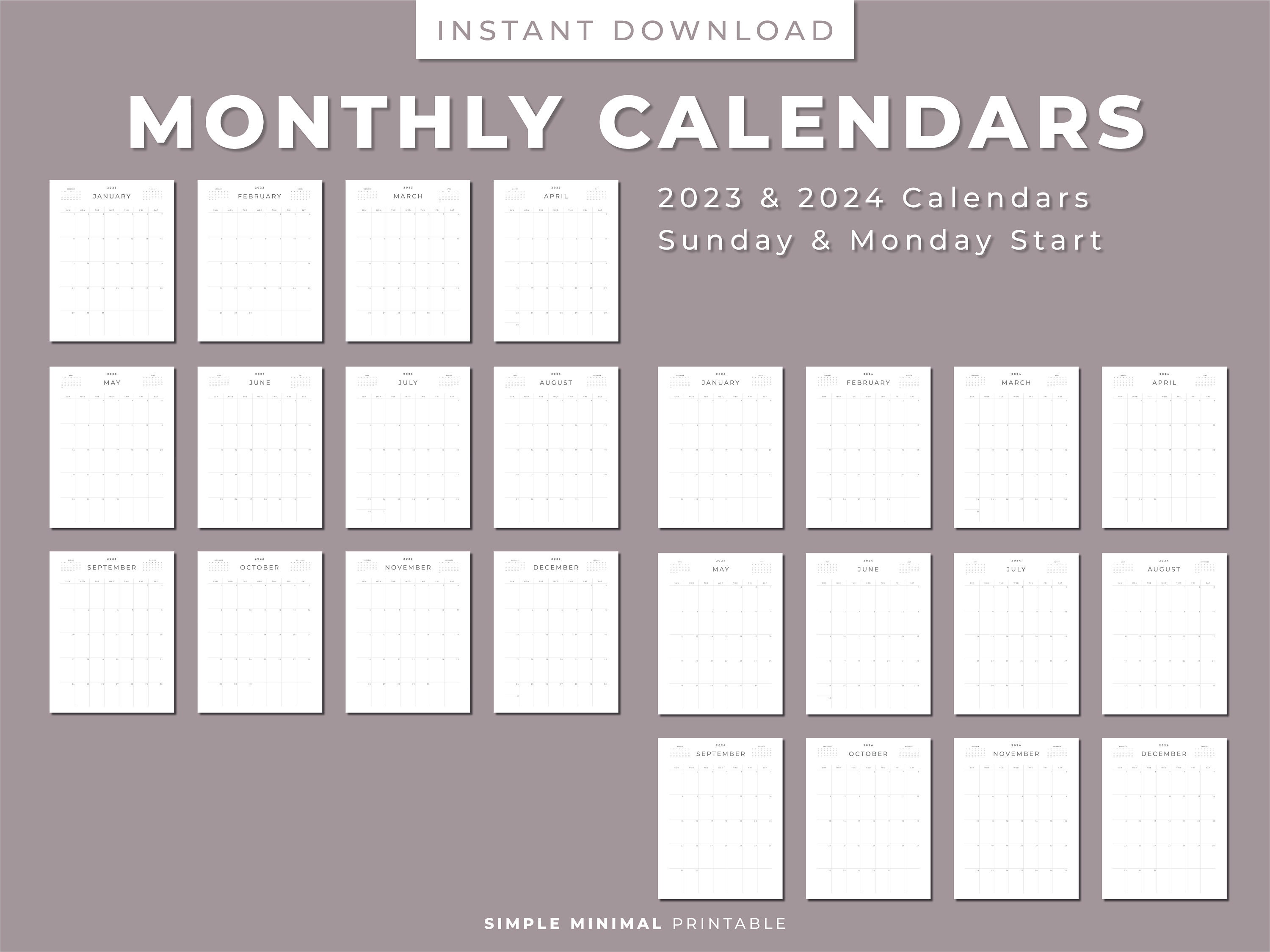 2023/2024 Monthly Printable Calendars Portrait Yearly - Etsy