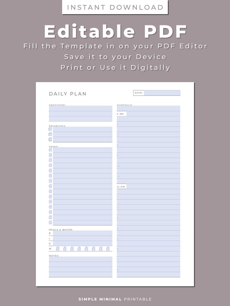 Daily Organizer Planner, Printable & Editable, Undated Planner, Instant ...