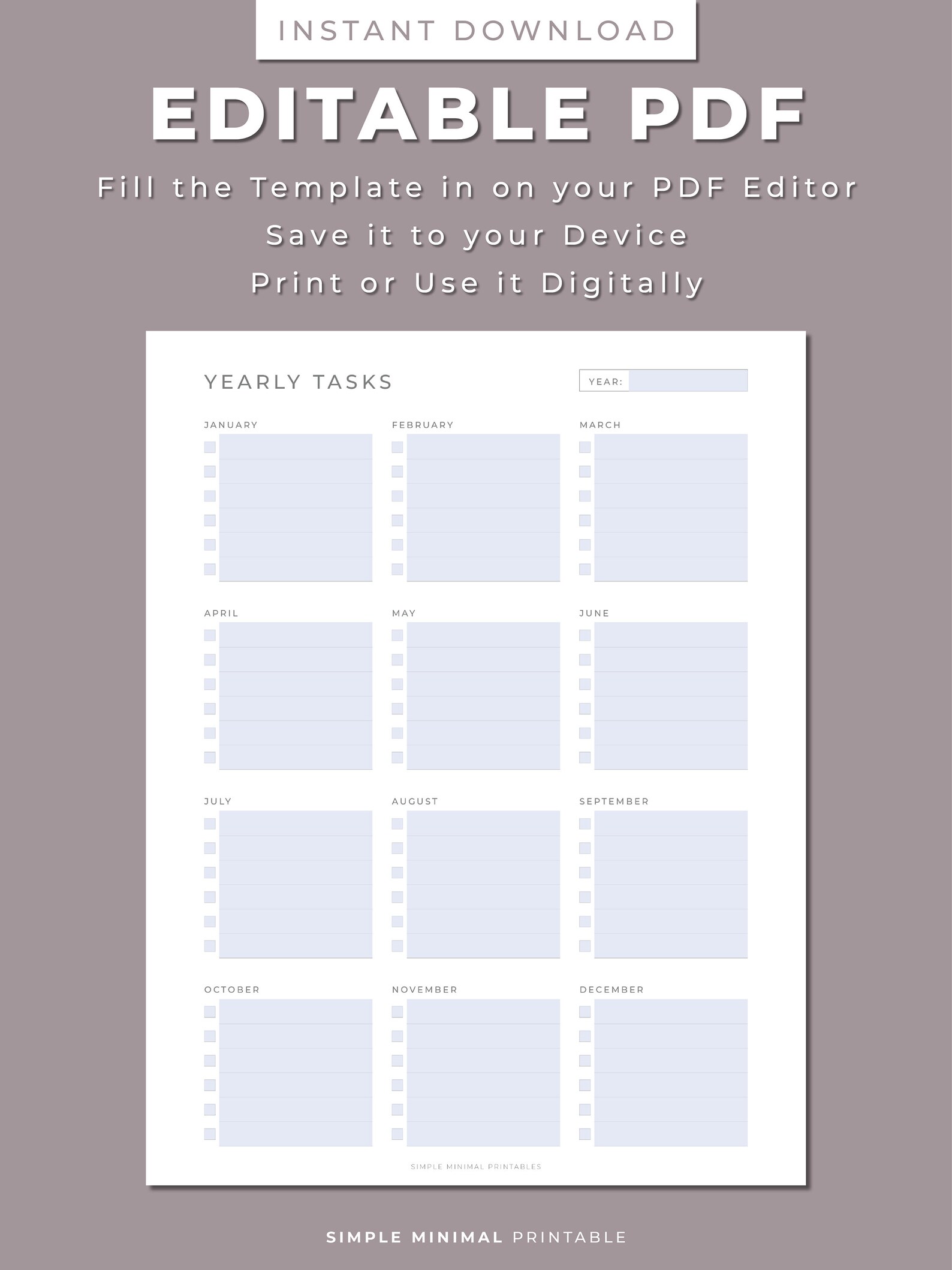 Yearly Task Planner Printable, Year-at-a-glance, Annual Perpetual ...