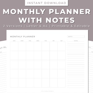 Monthly Printable Planner With Notes, Calendar, Printable & Editable ...