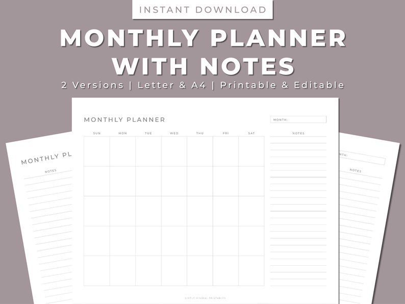 Monthly Printable Planner With Notes, Calendar, Printable & Editable ...