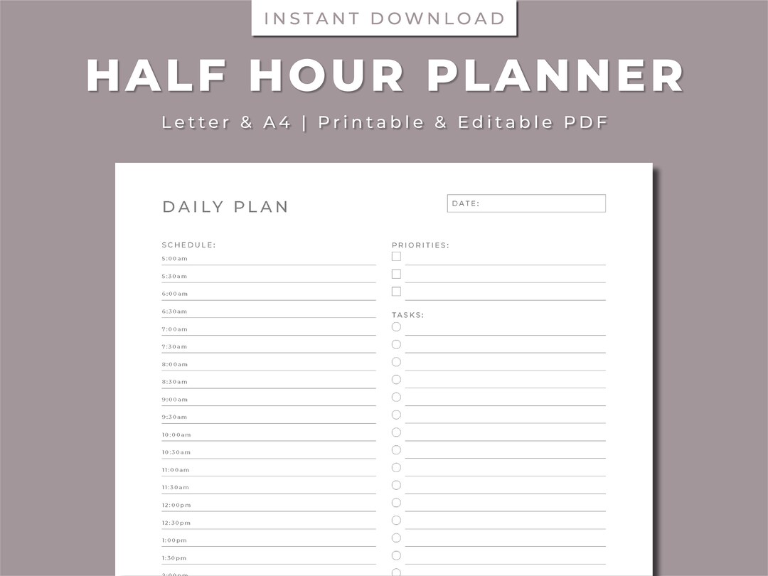 Half Hour Daily Planner, Printable & Editable, Undated Planner, Instant ...