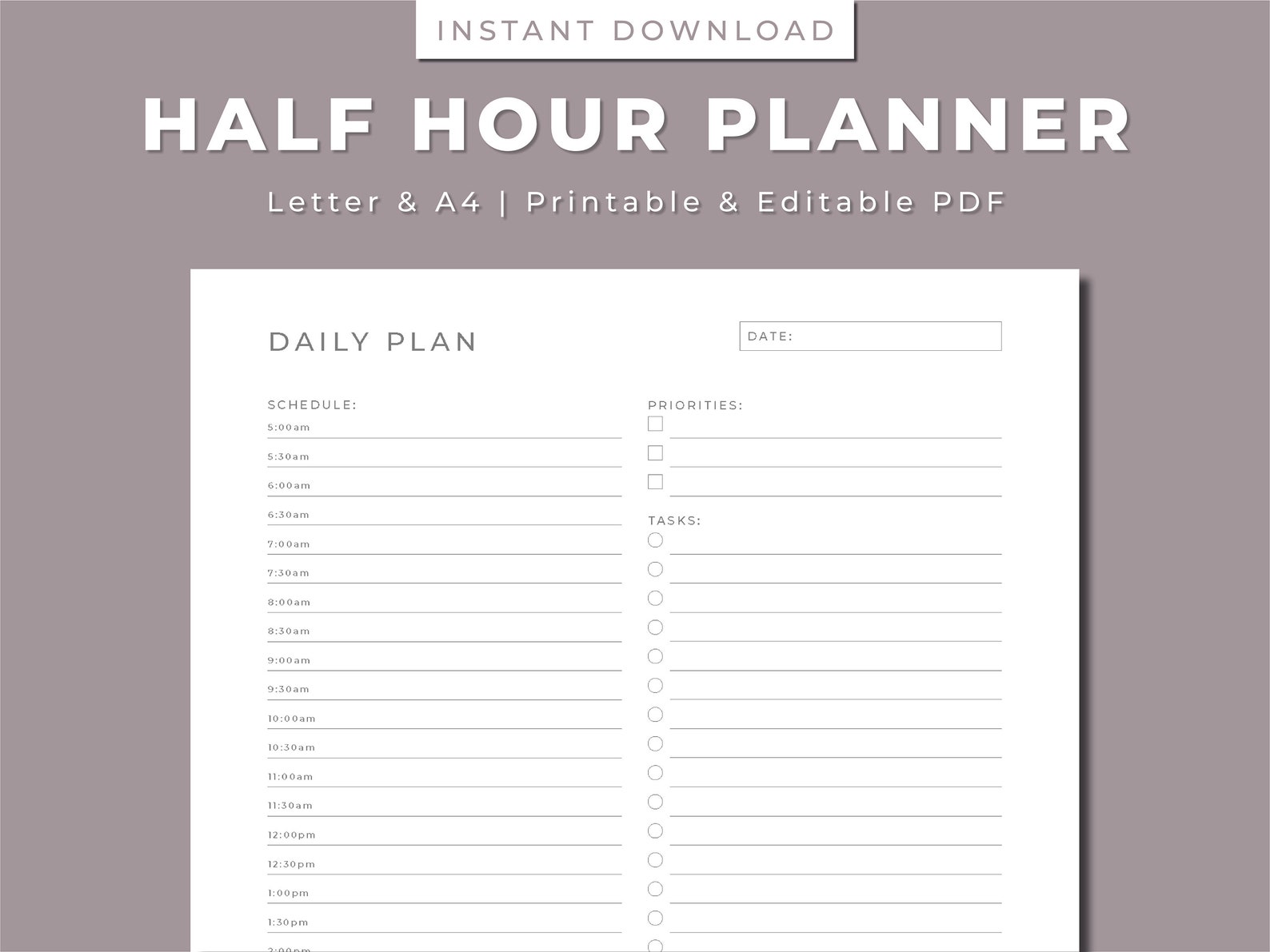 Half Hour Daily Planner: Printable Schedule, To-do List (letter/a4 PDF ...