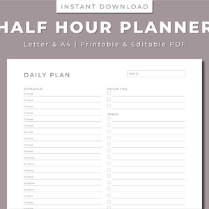 Half Hour Daily Planner, Printable & Editable, Undated Planner, Instant ...