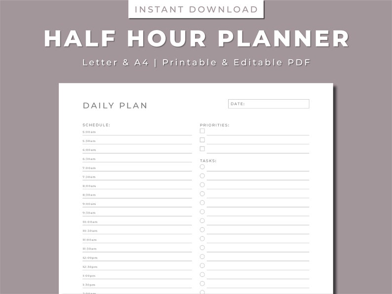 Half Hour Daily Planner, Printable & Editable, Undated Planner, Instant ...