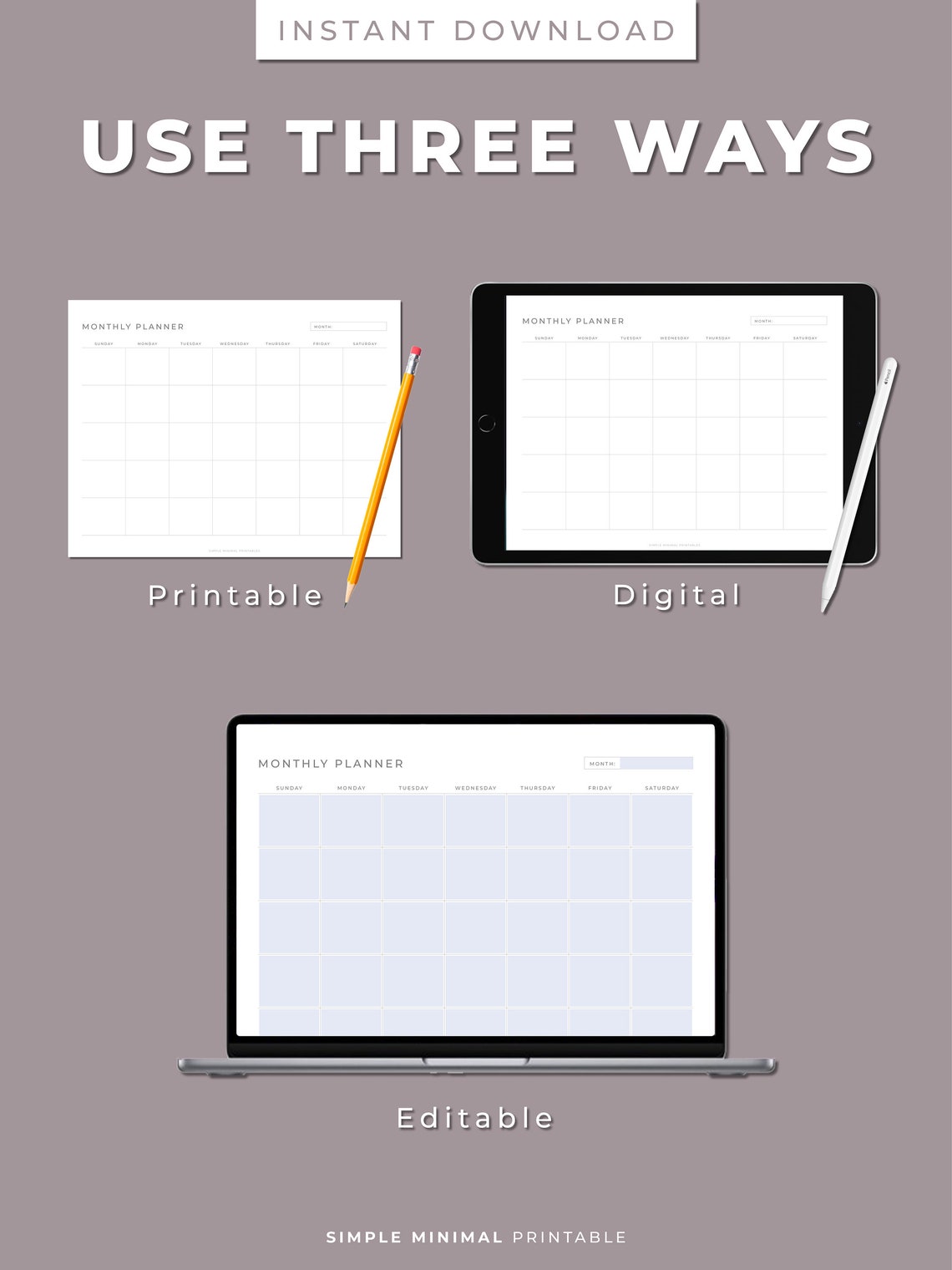 Monthly Simple Calendar Printable, Landscape, Template, Insert, Sun/mon ...