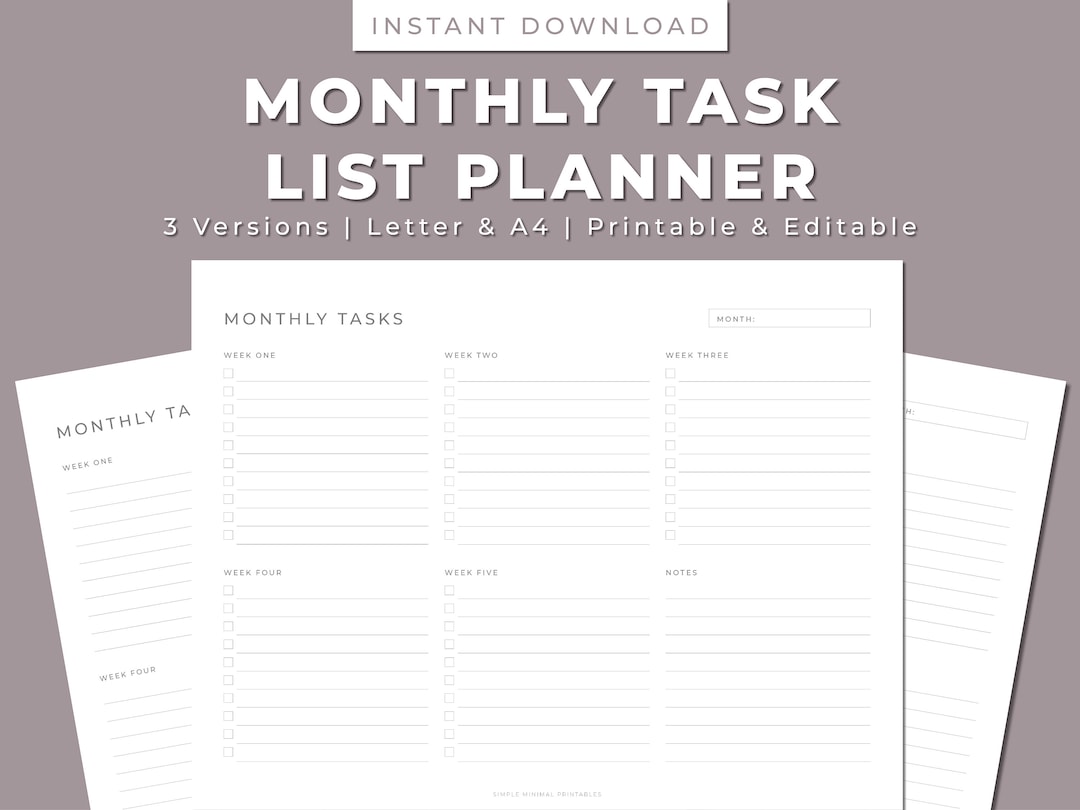 Monthly Task List Planner Printable, Calendar, Printable & Editable ...