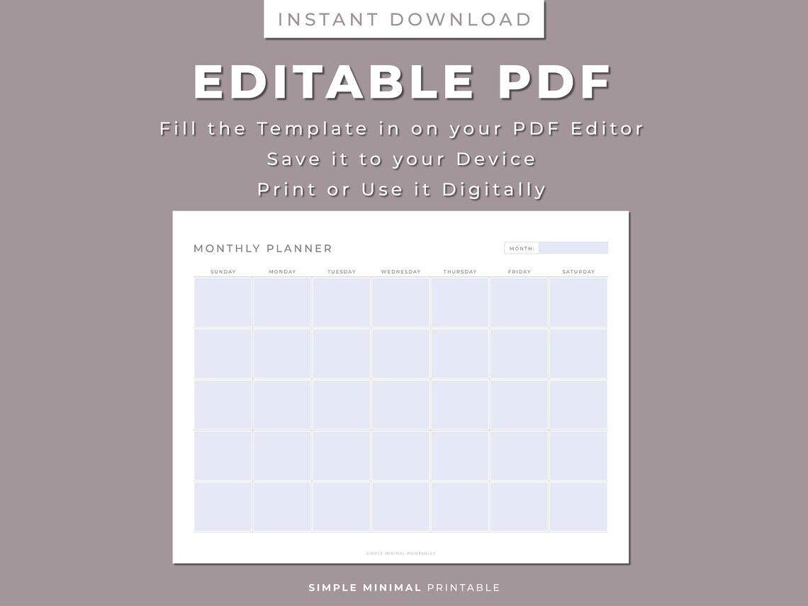 Monthly Simple Calendar Printable, Landscape, Template, Insert, Sun/mon ...
