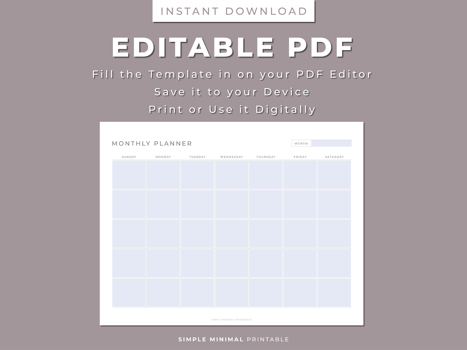 Monthly Simple Calendar Printable, Landscape, Template, Insert, Sun/mon ...