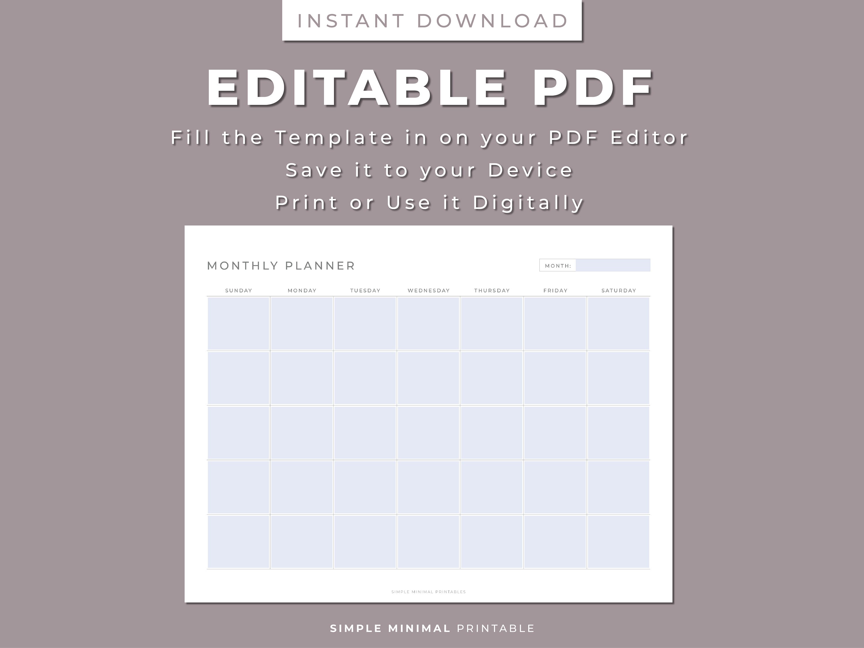 Monthly Simple Calendar Printable, Landscape, Template, Insert, Sun/mon ...