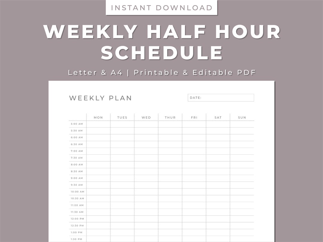 Weekly Half Hour Printable Planner, Editable, Undated Planner, Instant ...