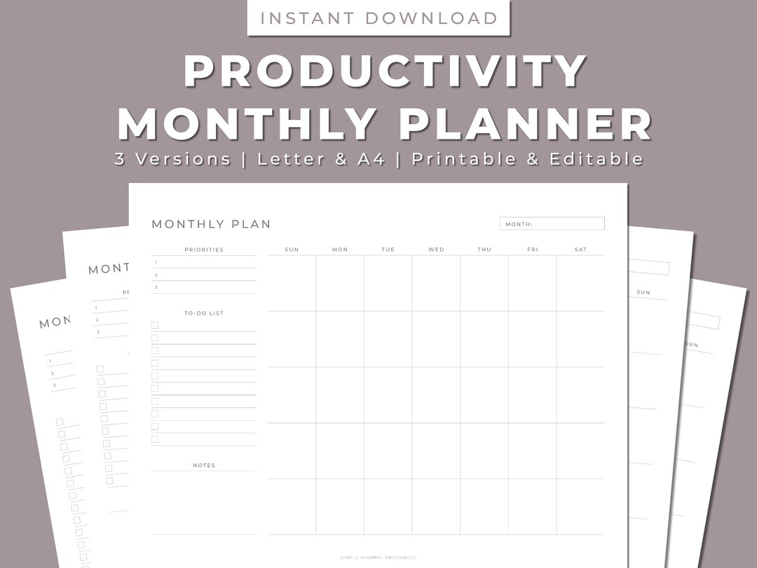 Monthly Productivity Planner, Printable, Landscape, Five Weeks, Notes ...