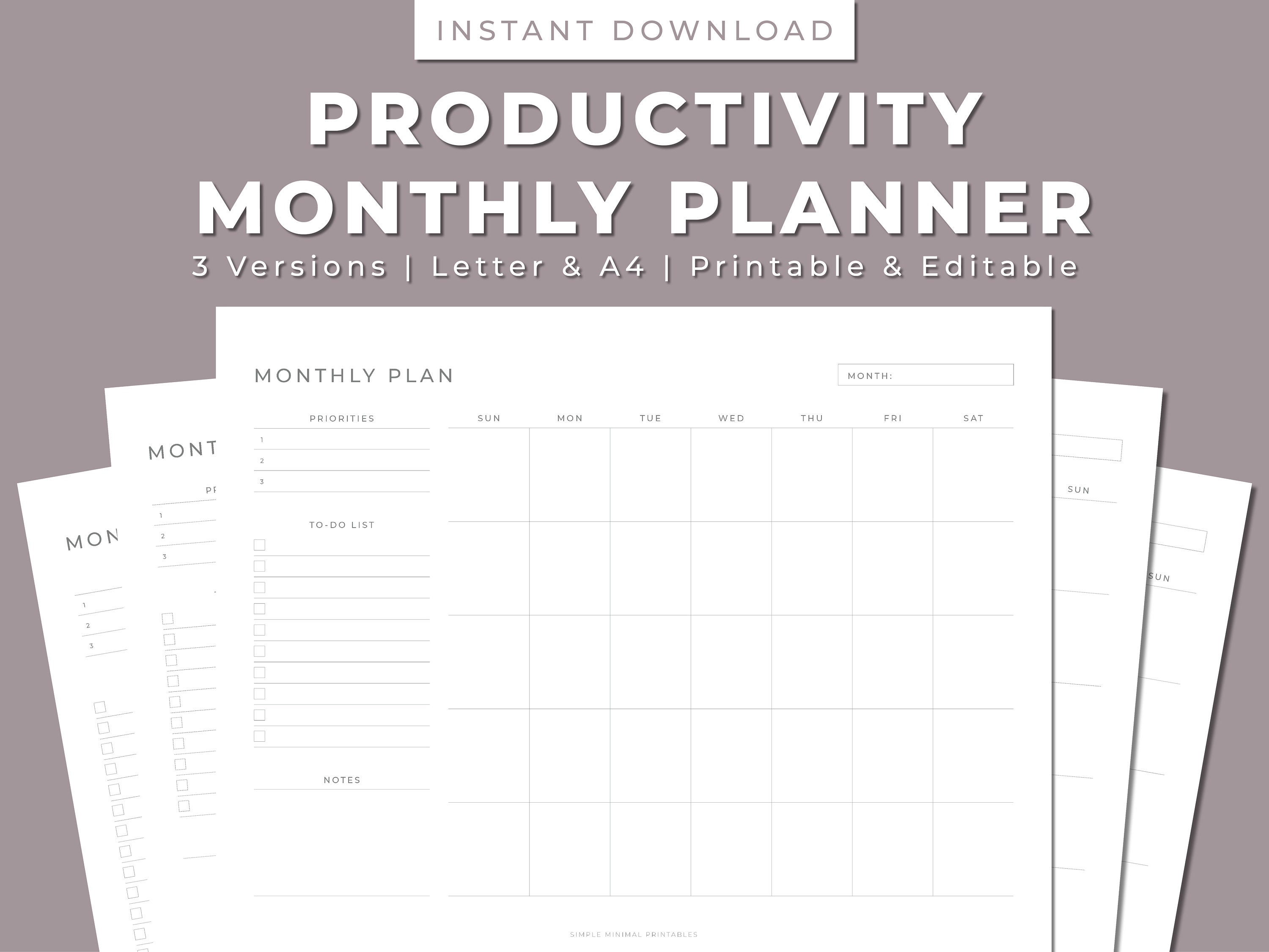 Monthly Productivity Planner Printable: Letter/a4 (PDF Download) - Etsy