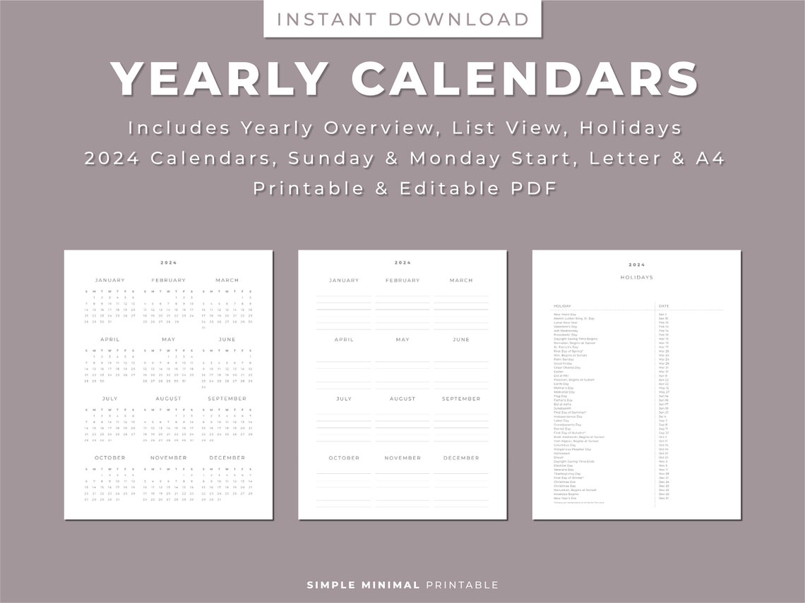 2024 Monthly Printable Calendars, Includes Yearly Calendars, Minimalist ...
