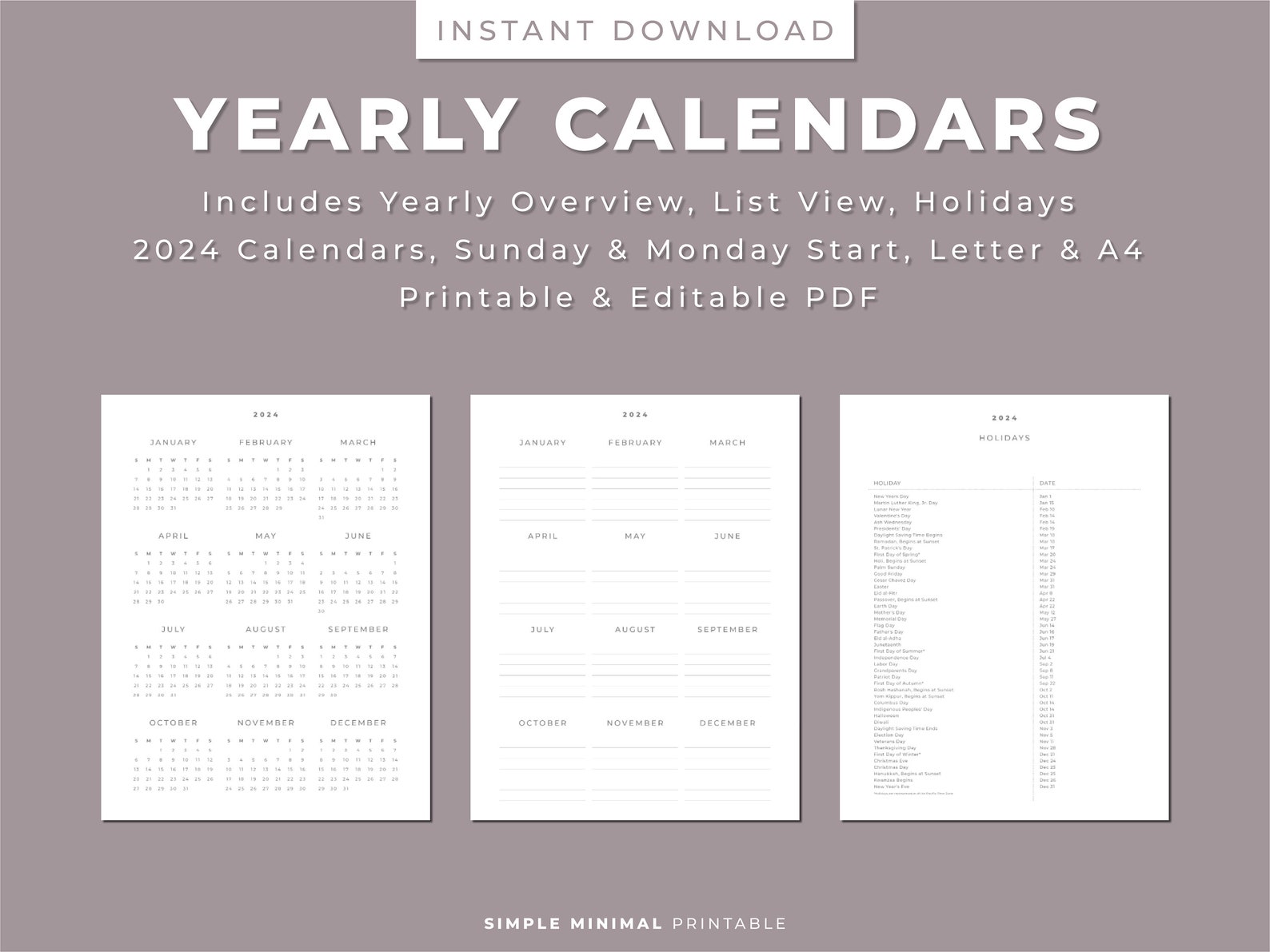 2024 Monthly Printable Calendars, Includes Yearly Calendars, Minimalist ...