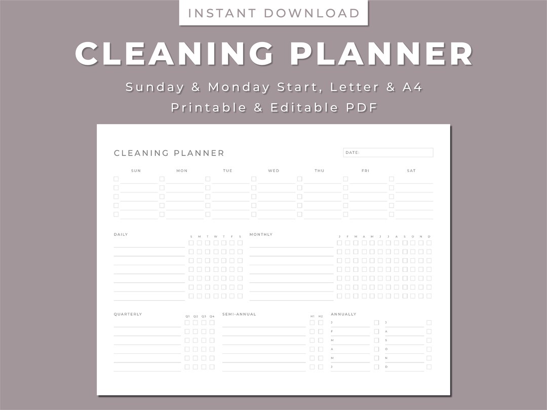 Cleaning Planner Printable, Daily Weekly Monthly Quarterly Semi-annual ...