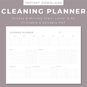 Cleaning Planner Printable, Daily Weekly Monthly Quarterly Semi-annual ...