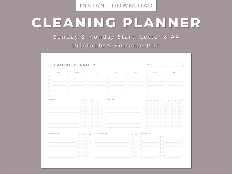 Cleaning Planner Printable, Daily Weekly Monthly Quarterly Semi-annual ...