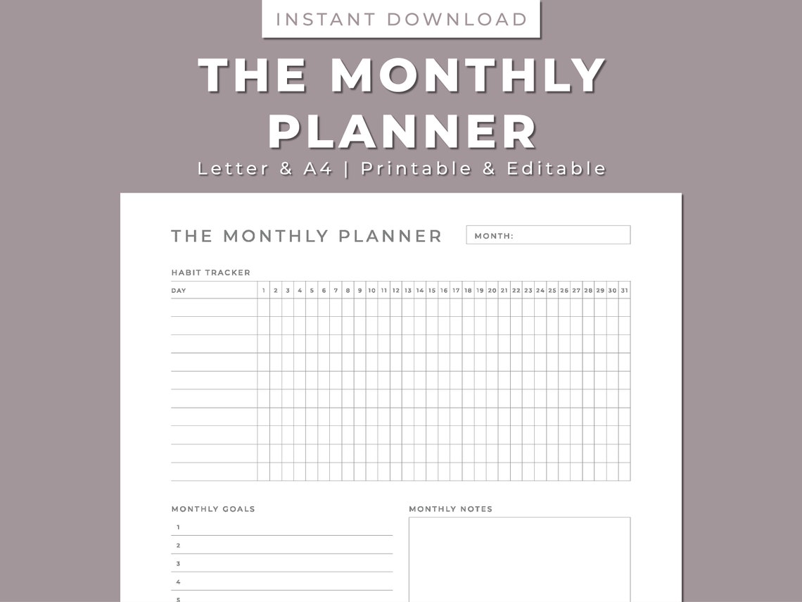 Monthly Planner Printable, Goals, Reminders, Habit Tracker, Notes ...
