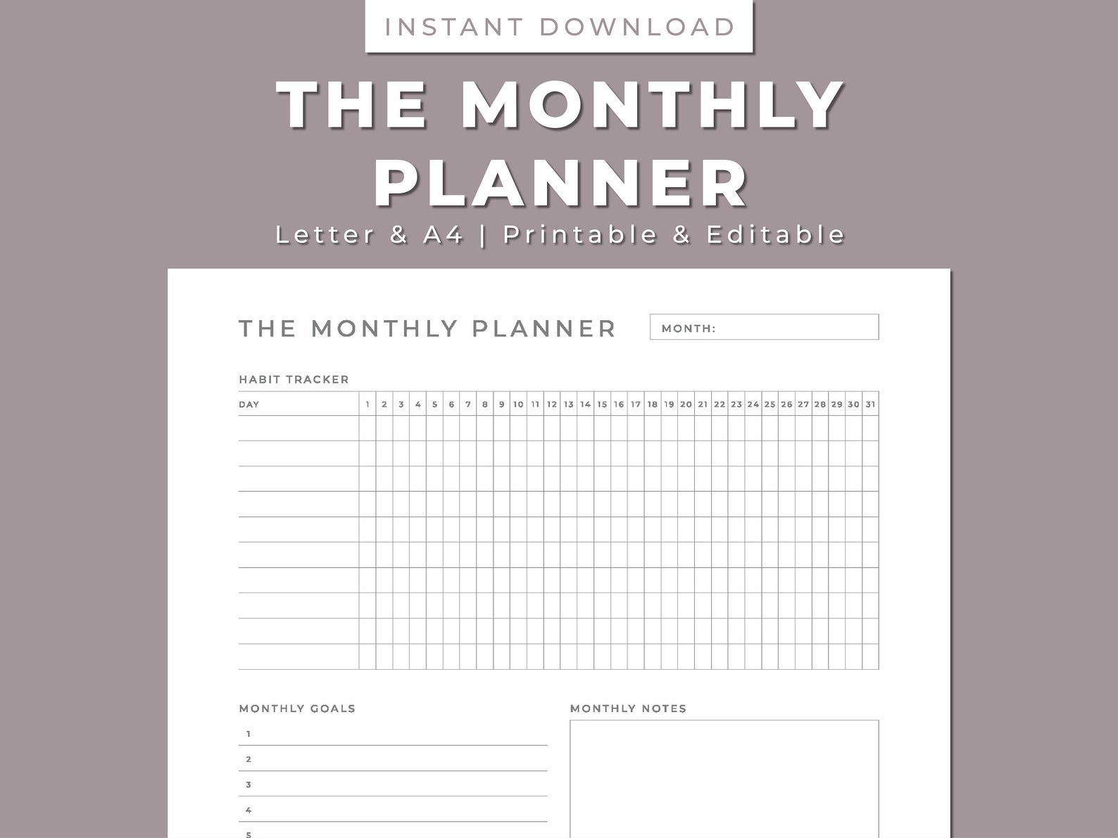 Monthly Planner Printable, Goals, Reminders, Habit Tracker, Notes ...