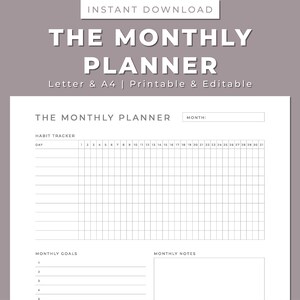 Monthly Planner Printable, Goals, Reminders, Habit Tracker, Notes ...