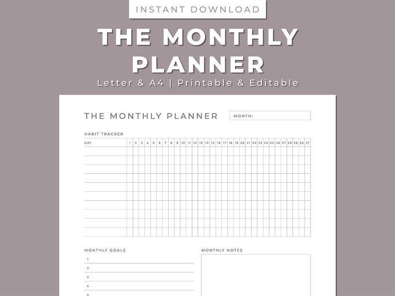 Monthly Planner Printable, Goals, Reminders, Habit Tracker, Notes ...