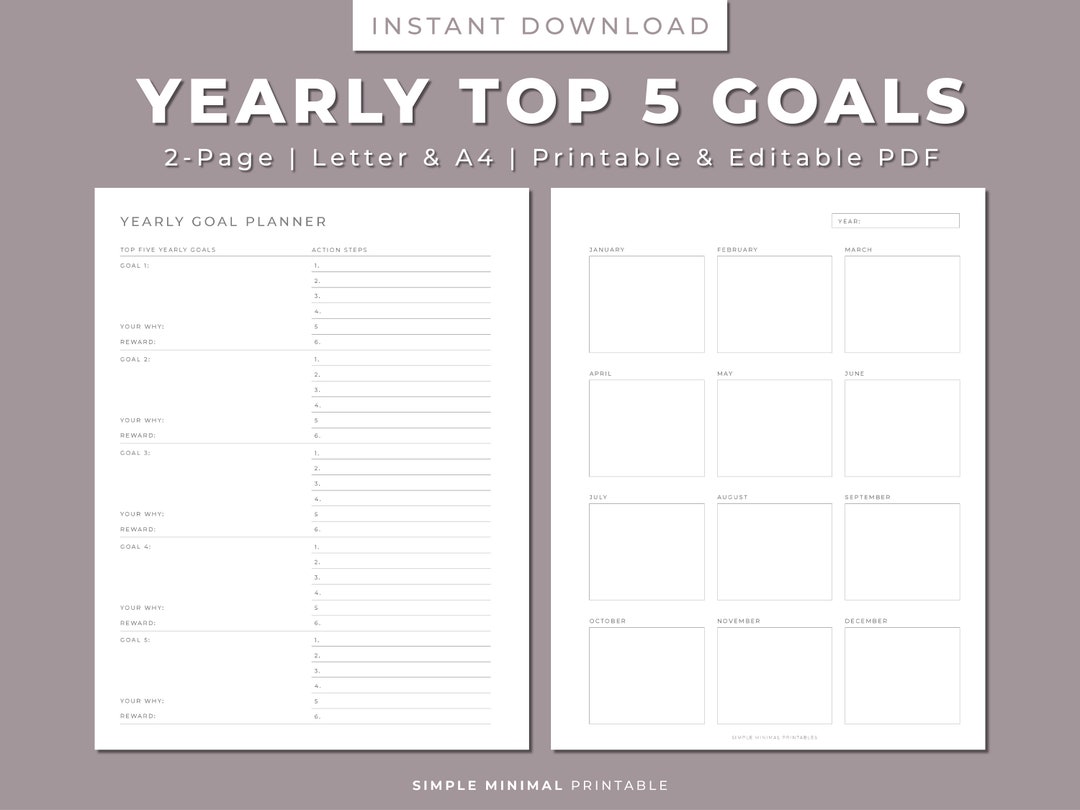 Yearly Top 5 Goal Planner Printable, 2-page, Goal Setting, Goal ...