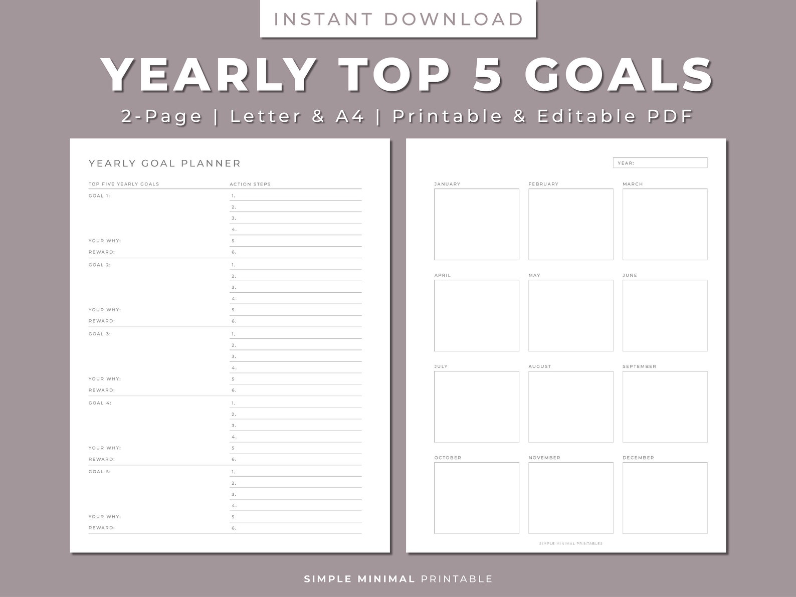 Yearly Top 5 Goal Planner Printable, 2-page, Goal Setting, Goal ...