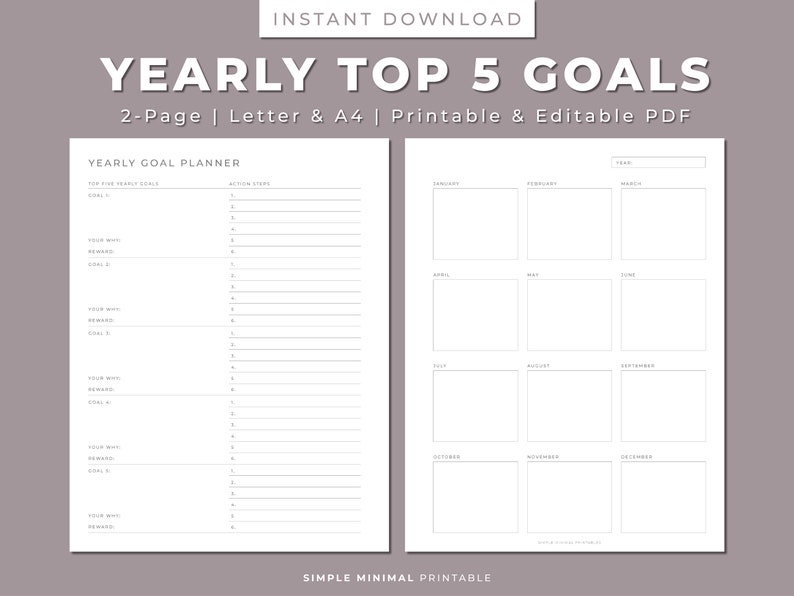 Yearly Top 5 Goal Planner Printable, 2-page, Goal Setting, Goal ...