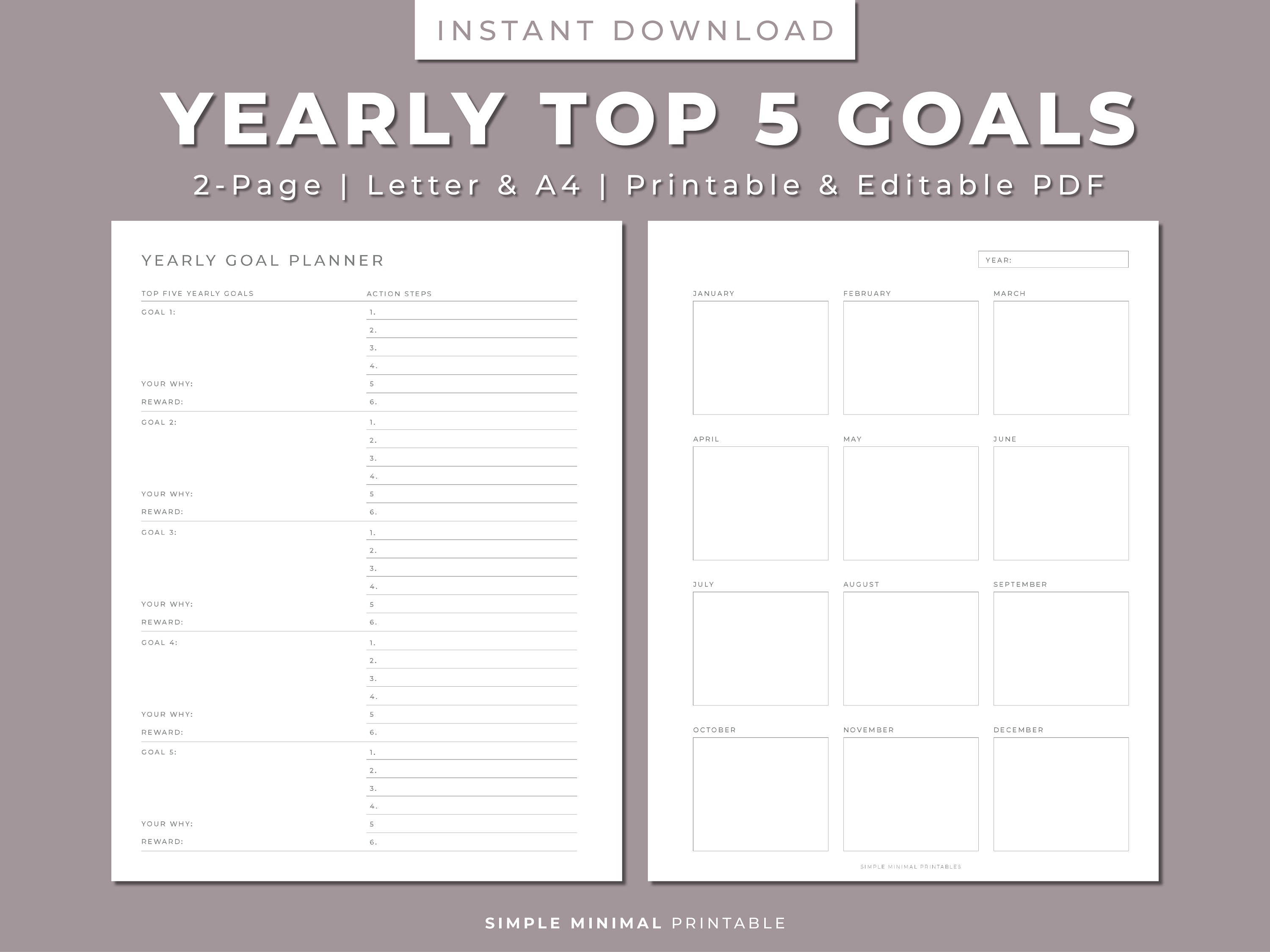 Yearly Top 5 Goal Planner Printable, 2-page, Goal Setting, Goal ...