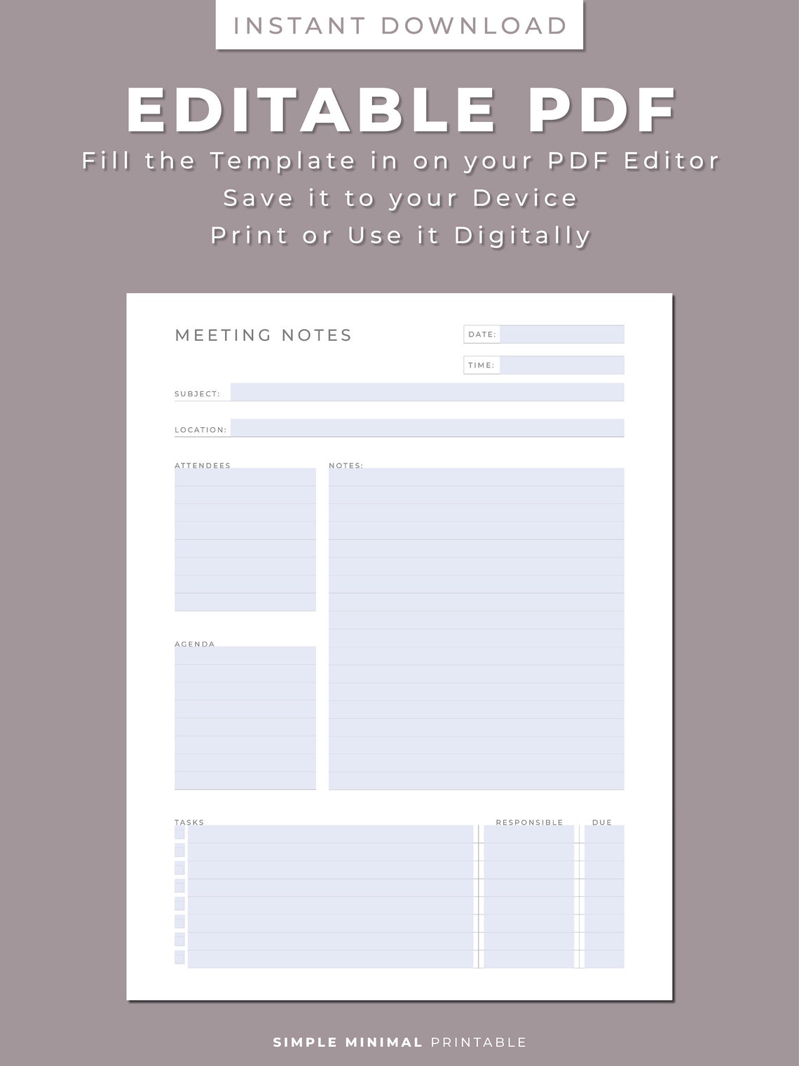 Meeting Notes Printable Planner, Meeting Agenda, Meeting Minutes ...