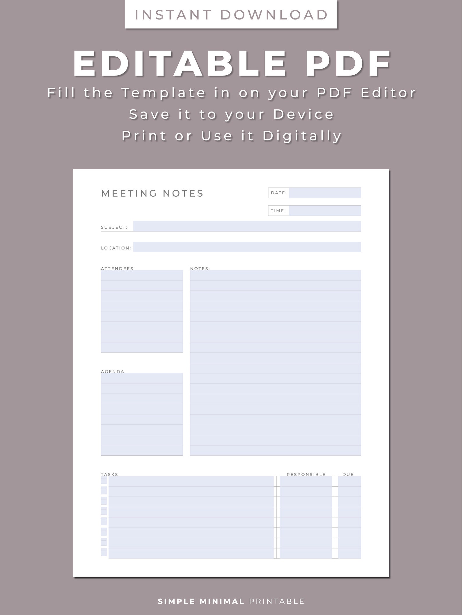 Meeting Notes Printable Planner, Meeting Agenda, Meeting Minutes ...