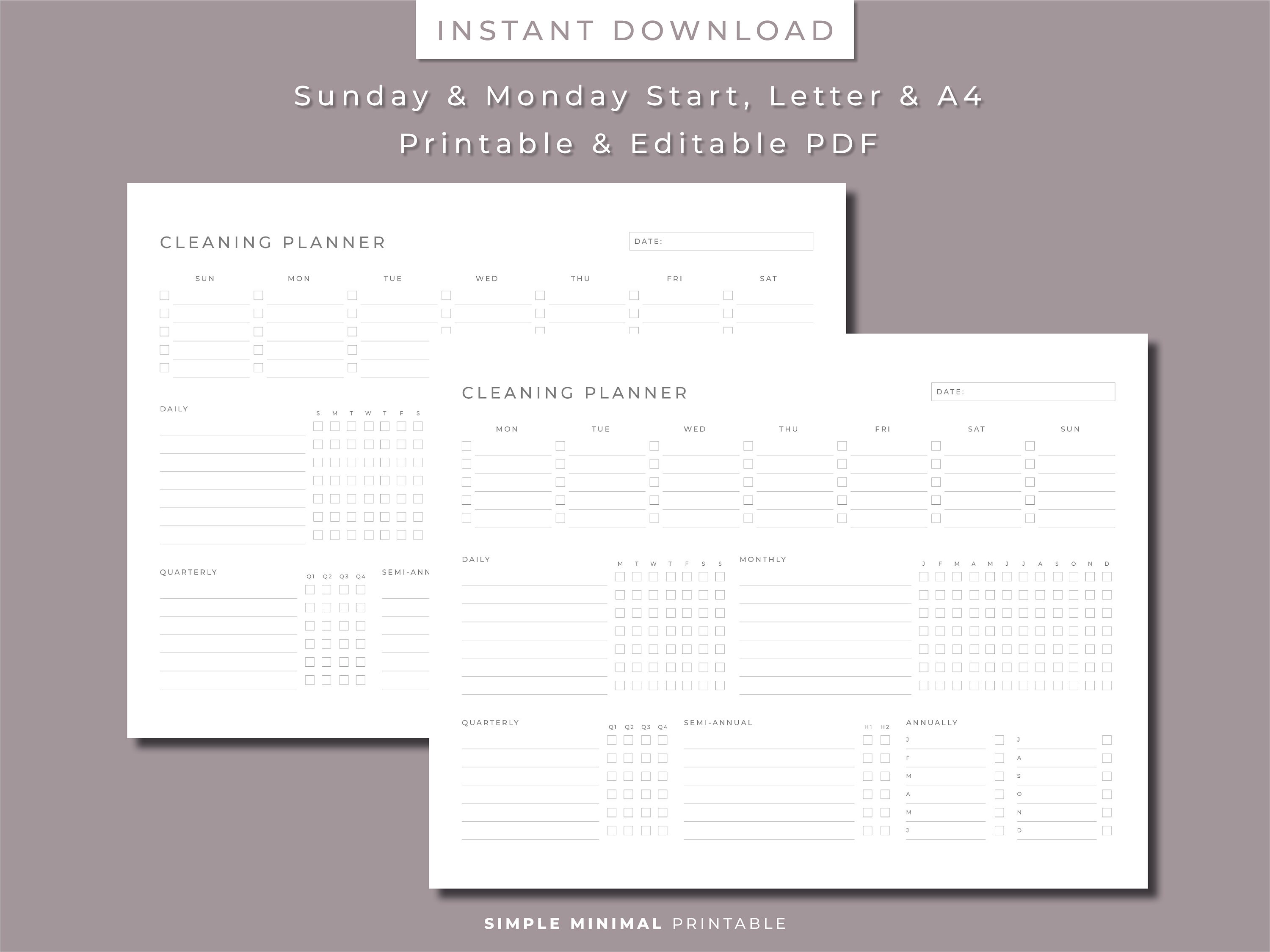 Cleaning Planner Printable, Daily Weekly Monthly Quarterly Semi-annual ...