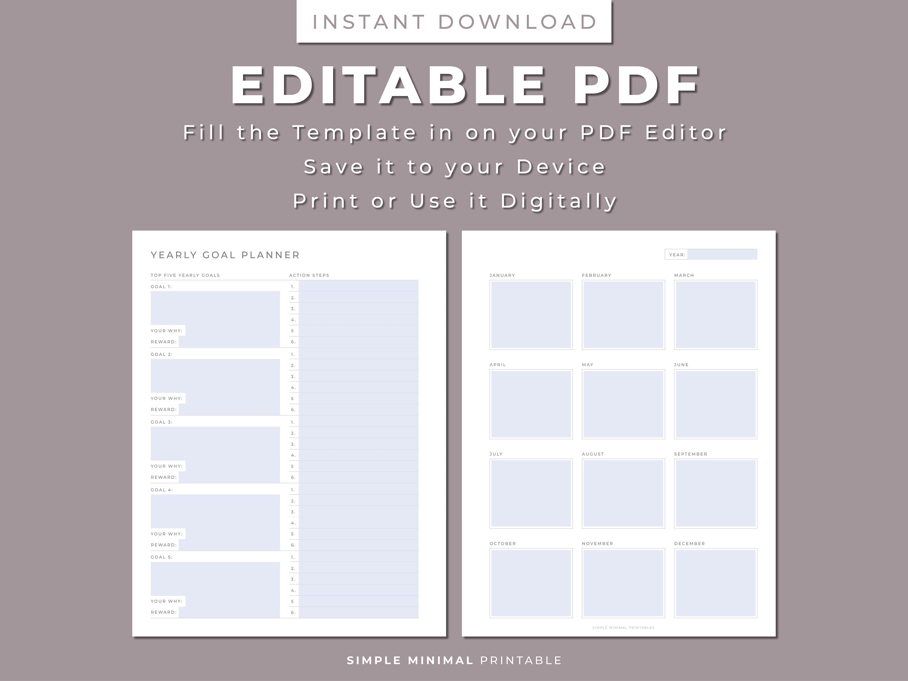 Yearly Top 5 Goal Planner Printable, 2-page, Goal Setting, Goal ...