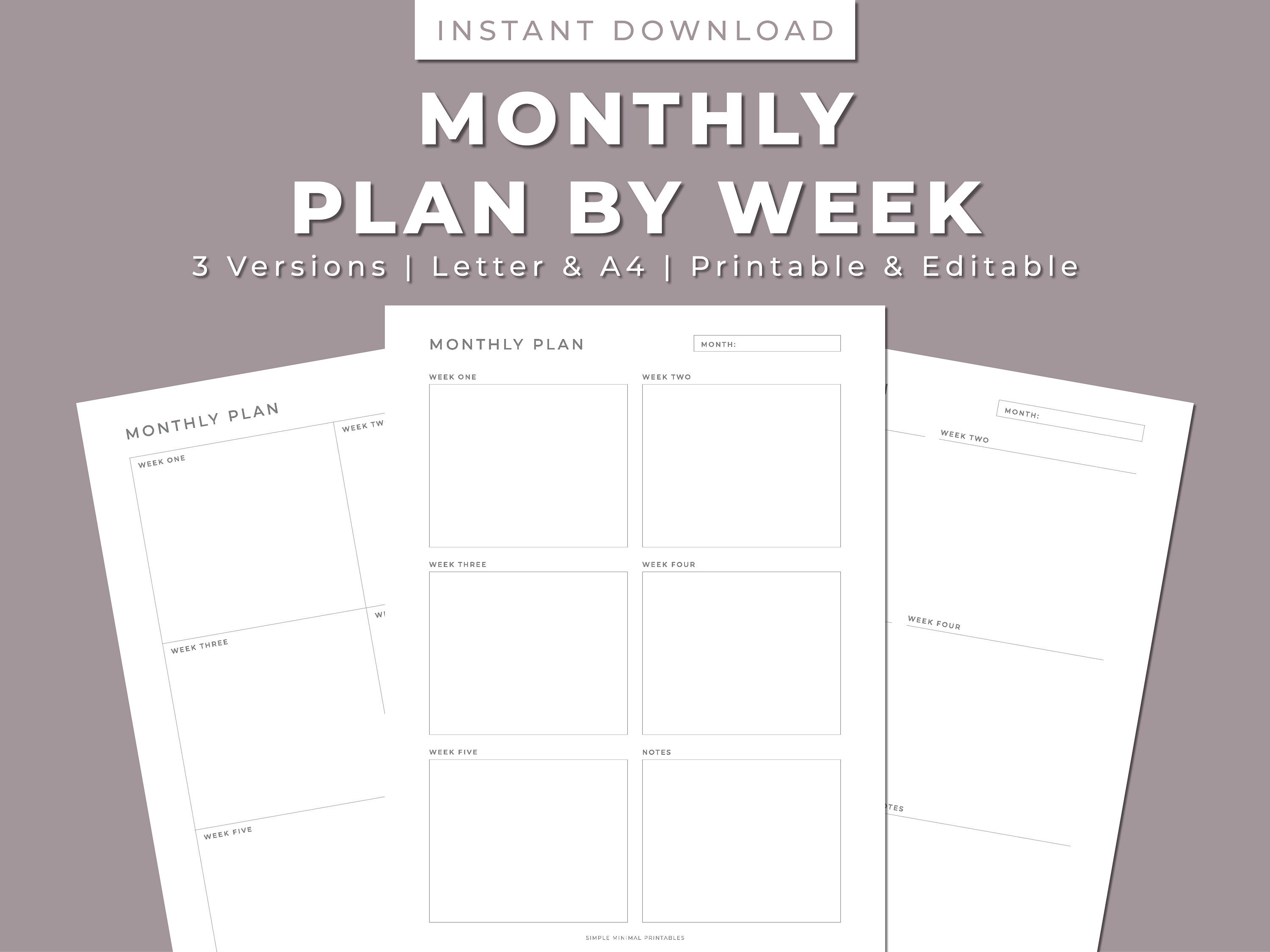 Monthly Plan by Week Printable, Five Weeks Provided, Notes, Printable ...