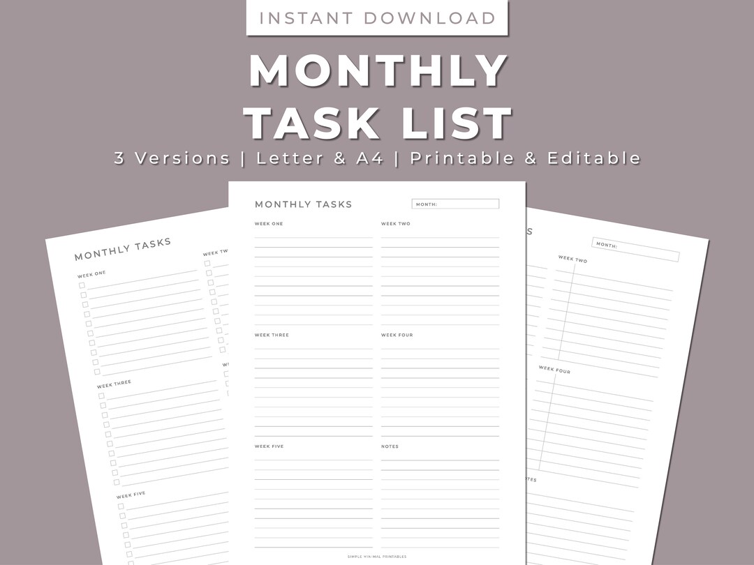 Monthly Task List Printable, 3 Versions, Five Weeks, Notes, Printable ...
