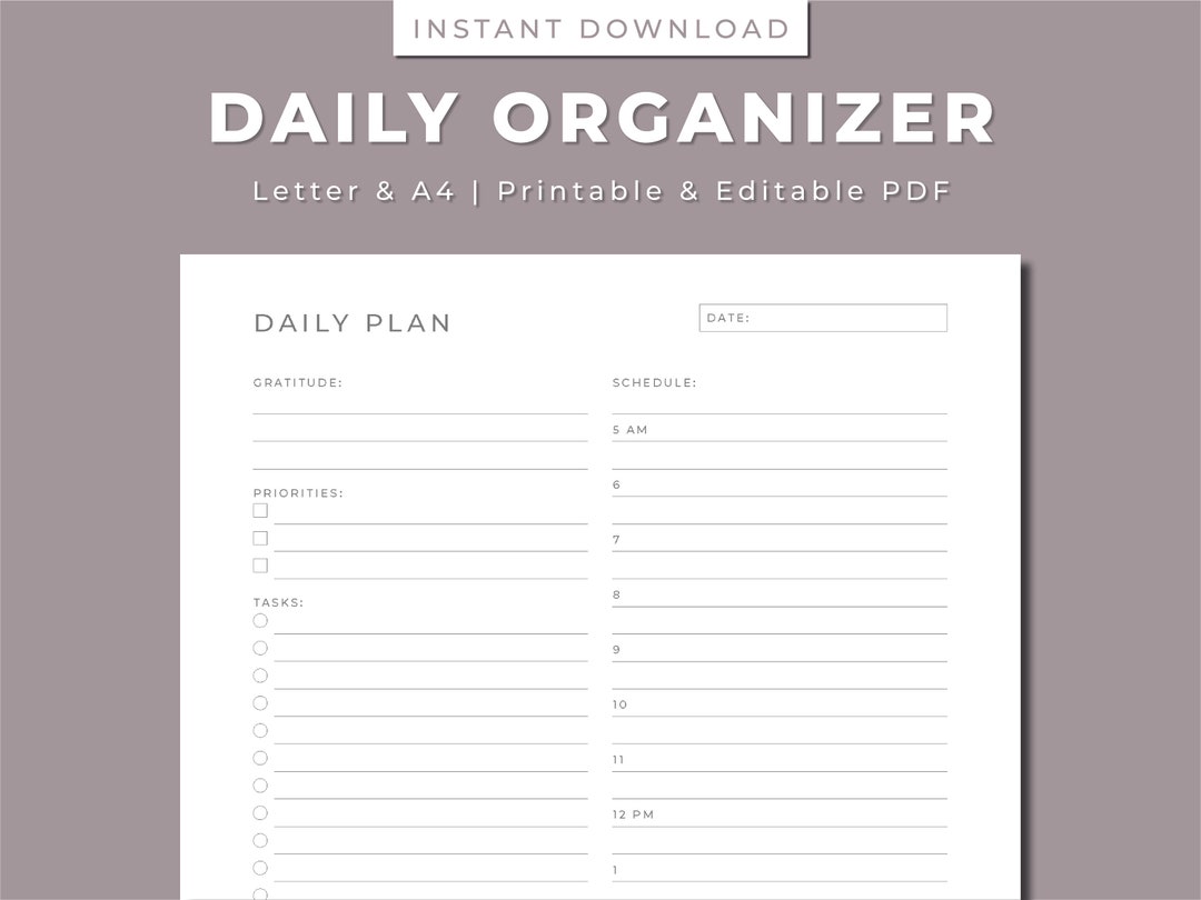 Daily Organizer Planner: Printable, Editable, Undated (letter/a4 ...