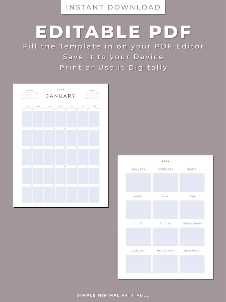2024 Monthly Printable Calendars, Includes Yearly Calendars, Minimalist ...