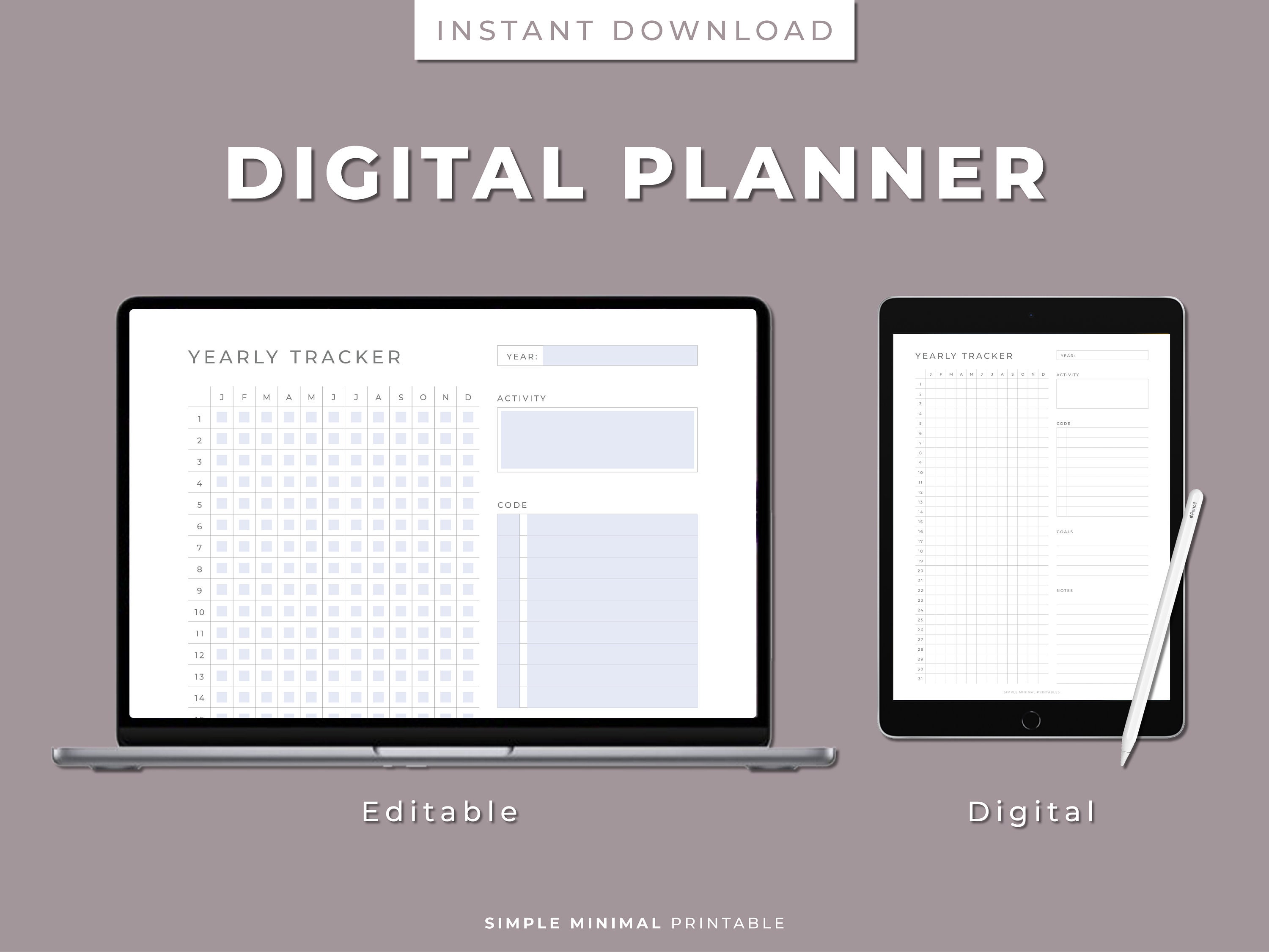 Yearly Tracker Printable Planner, Year in Pixels, Goals, Color Code ...