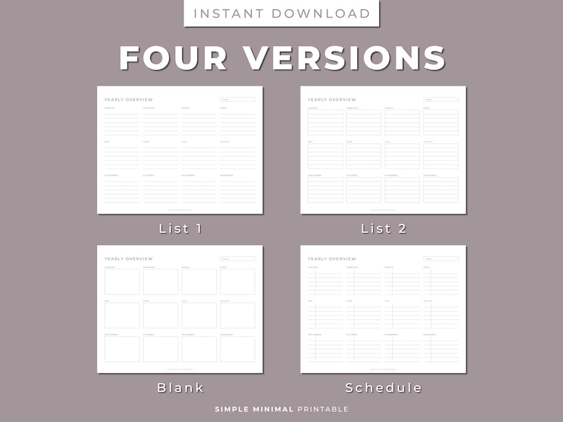 Yearly Overview Printable Planner, Year-at-a-glance, Annual Perpetual ...
