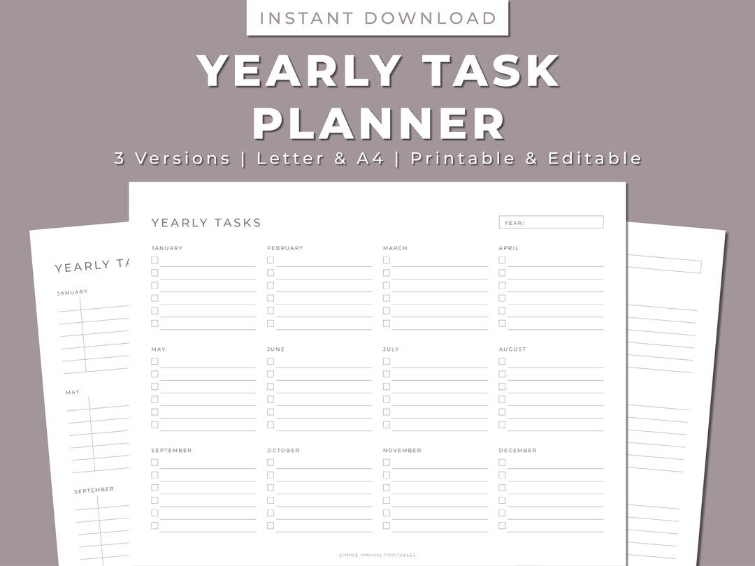 Yearly Task Planner Printable, Year-at-a-glance, Annual Perpetual ...
