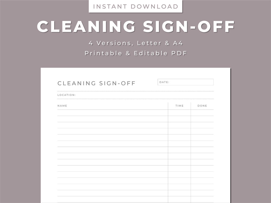 Cleaning Sign-off Printable, Name Date Location Cleaning Sign-off ...