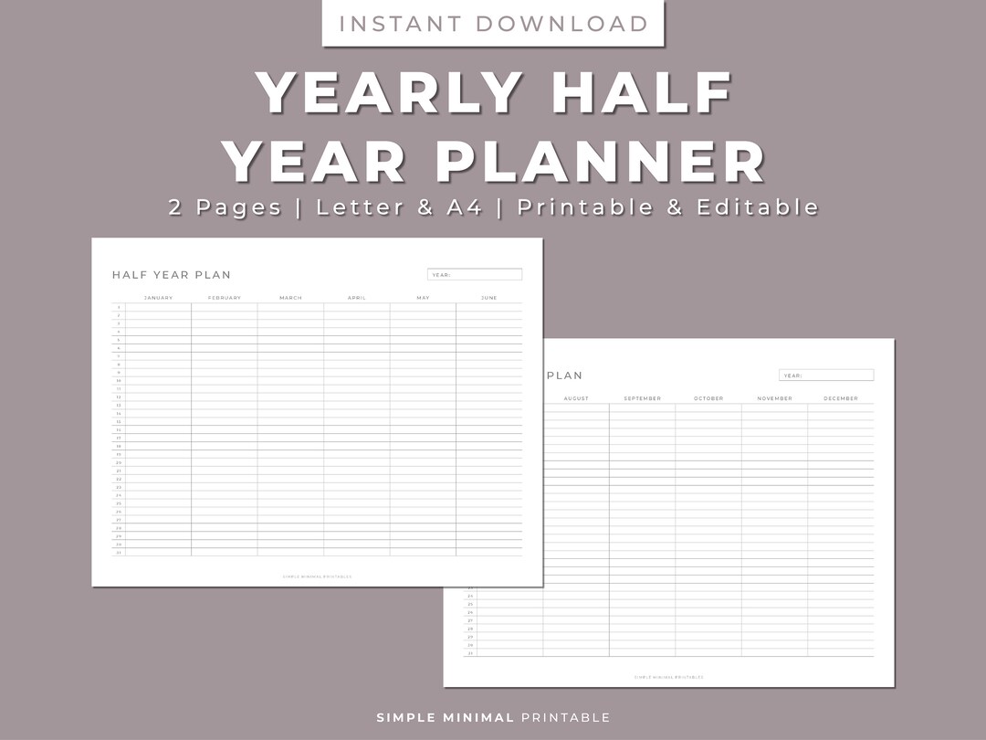 Yearly Half Year Printable Planner, Year-at-a-glance, Annual Perpetual ...