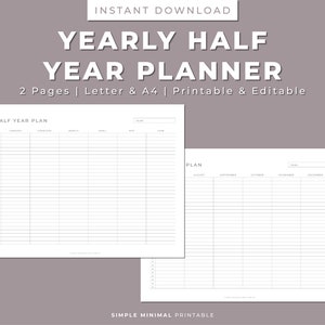 Yearly Half Year Printable Planner, Year-at-a-glance, Annual Perpetual ...