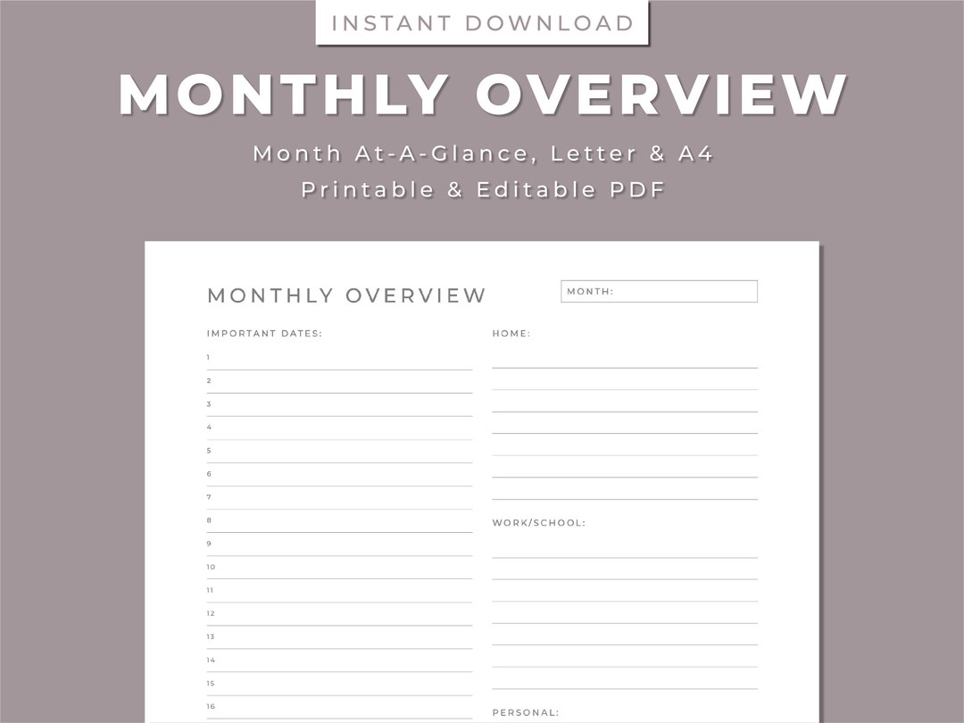 Monthly Overview Planner, Month At-a-glance, Printable & Editable ...