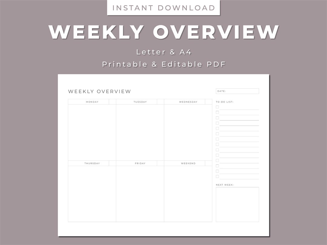 Weekly Overview Printable Planner, Landscape Format, Editable Planner ...