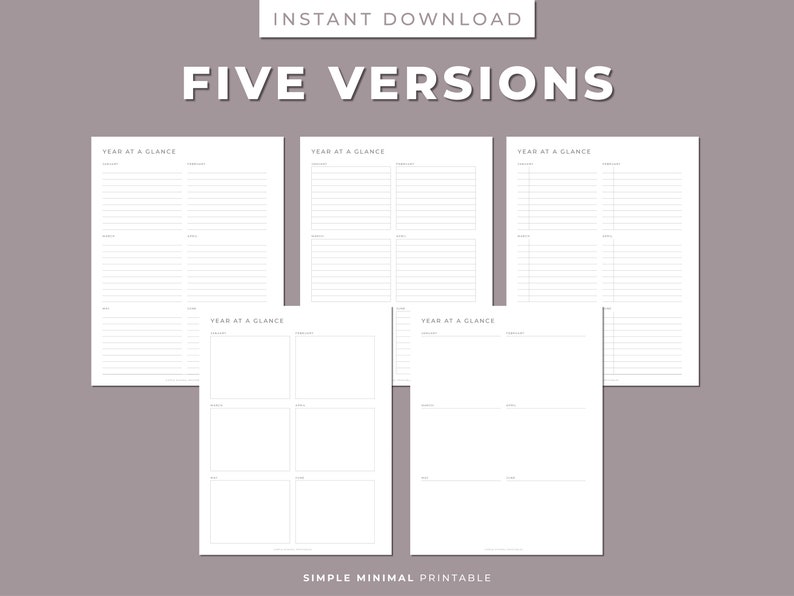 Year at A Glance Printable Planners, 2-page, Annual Perpetual Planner ...